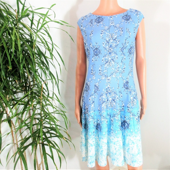 J. Taylor | Dresses | Delft Blue Floral Stretch Fit Flare Midi Dress ...